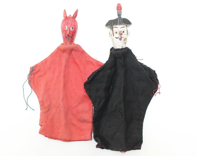 Antique French Punch and Judy Hand Puppet Puppets Devil Policeman Wooden Hand Carved Painted Toy ...