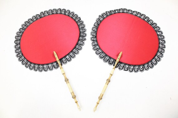 Antique Victorian pair face screen hand fan embroider… - Gem