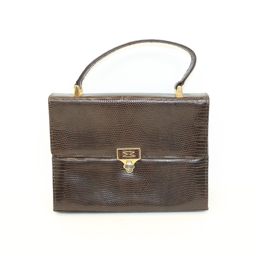 Vintage Mappin & Webb Real Lizard Skin and Brown Leather Handbag Grab ...