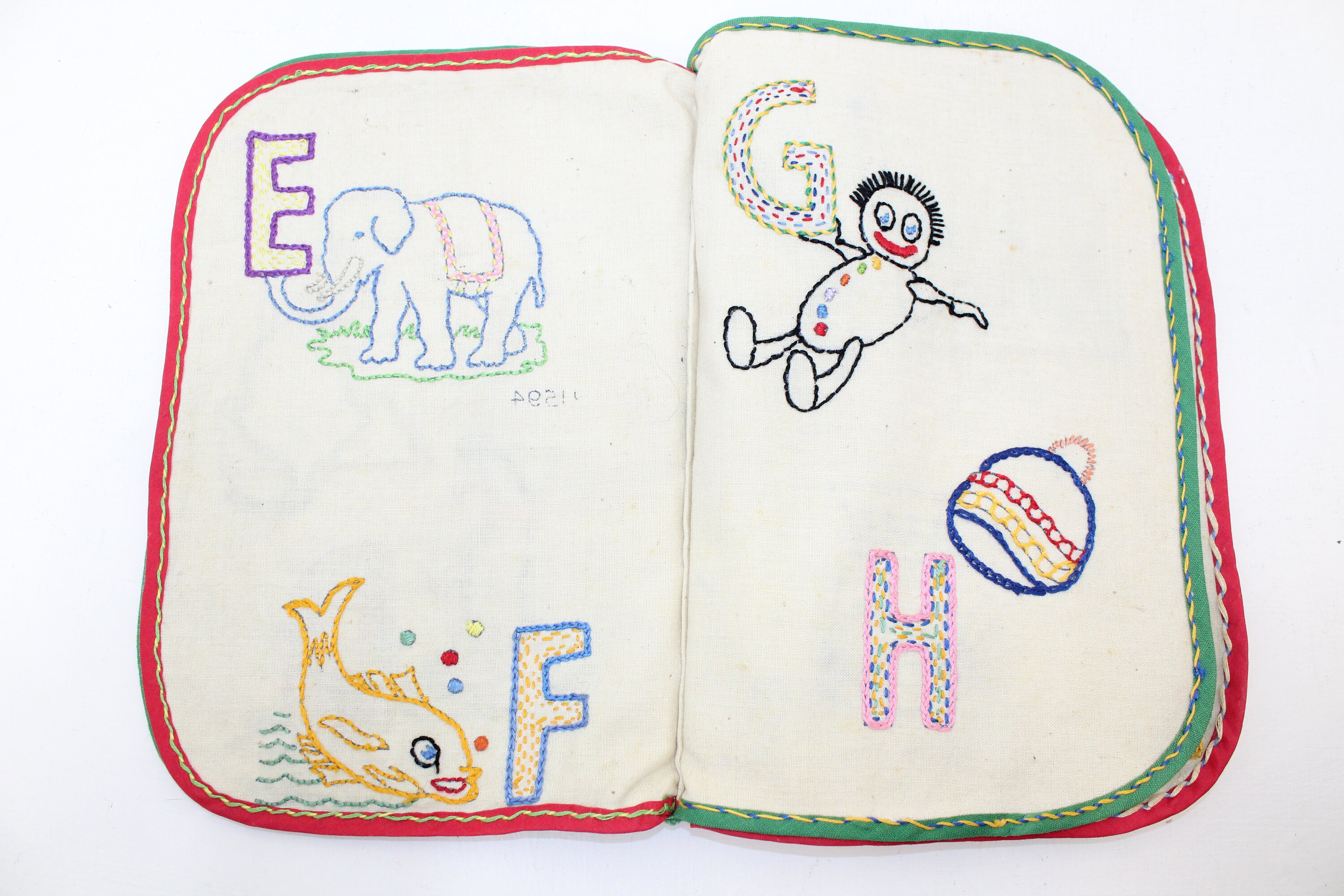 Antique hand embroidered cloth baby alphabet ABC book numbers animals ...