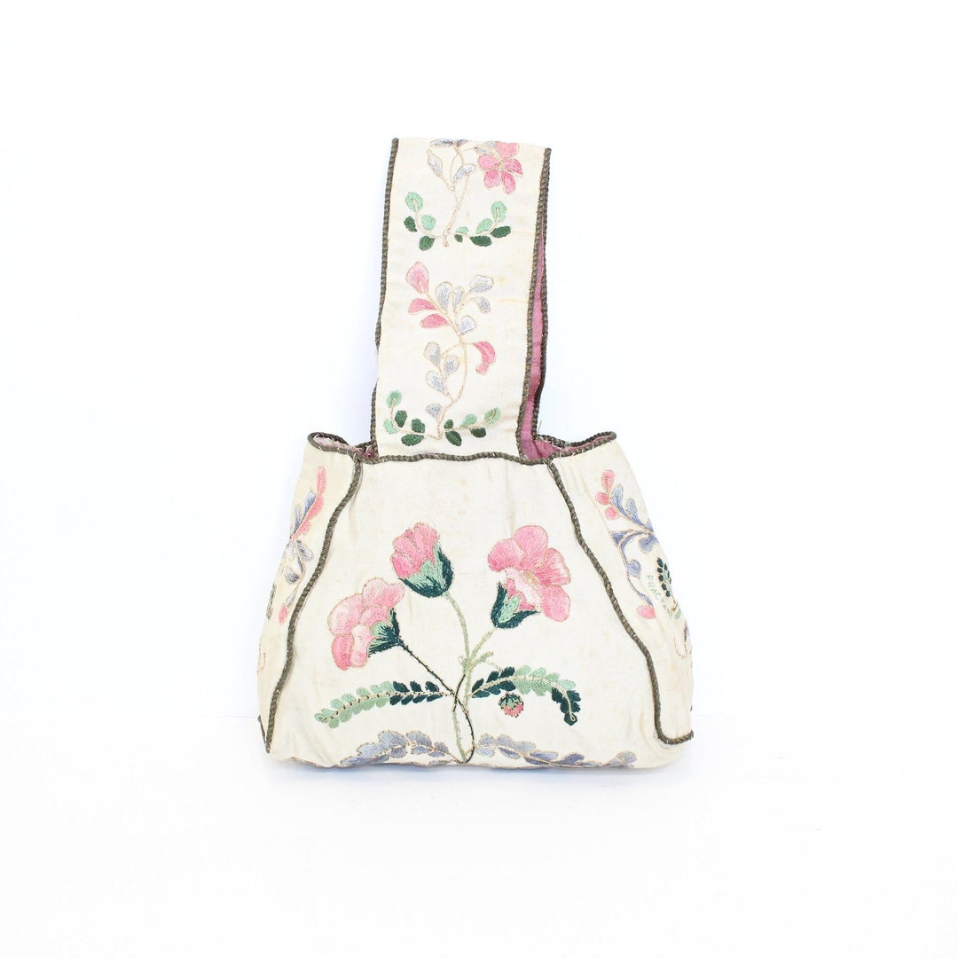 Antique Embroidered Arts and Crafts Reticule Handbag Purse Silk Filial ...