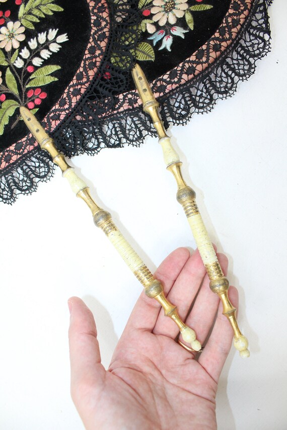 Antique Victorian pair face screen hand fan embroider… - Gem