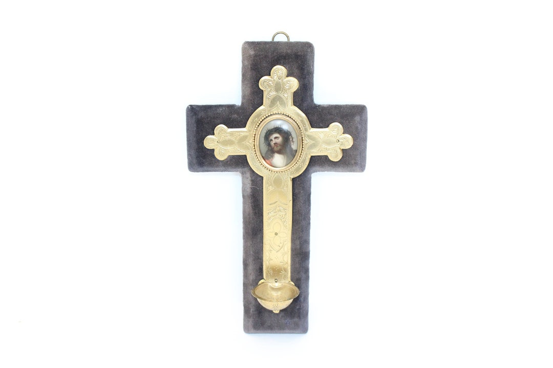 Antique French Velvet Cross Crucifix Religious Icon With Porcelain ...