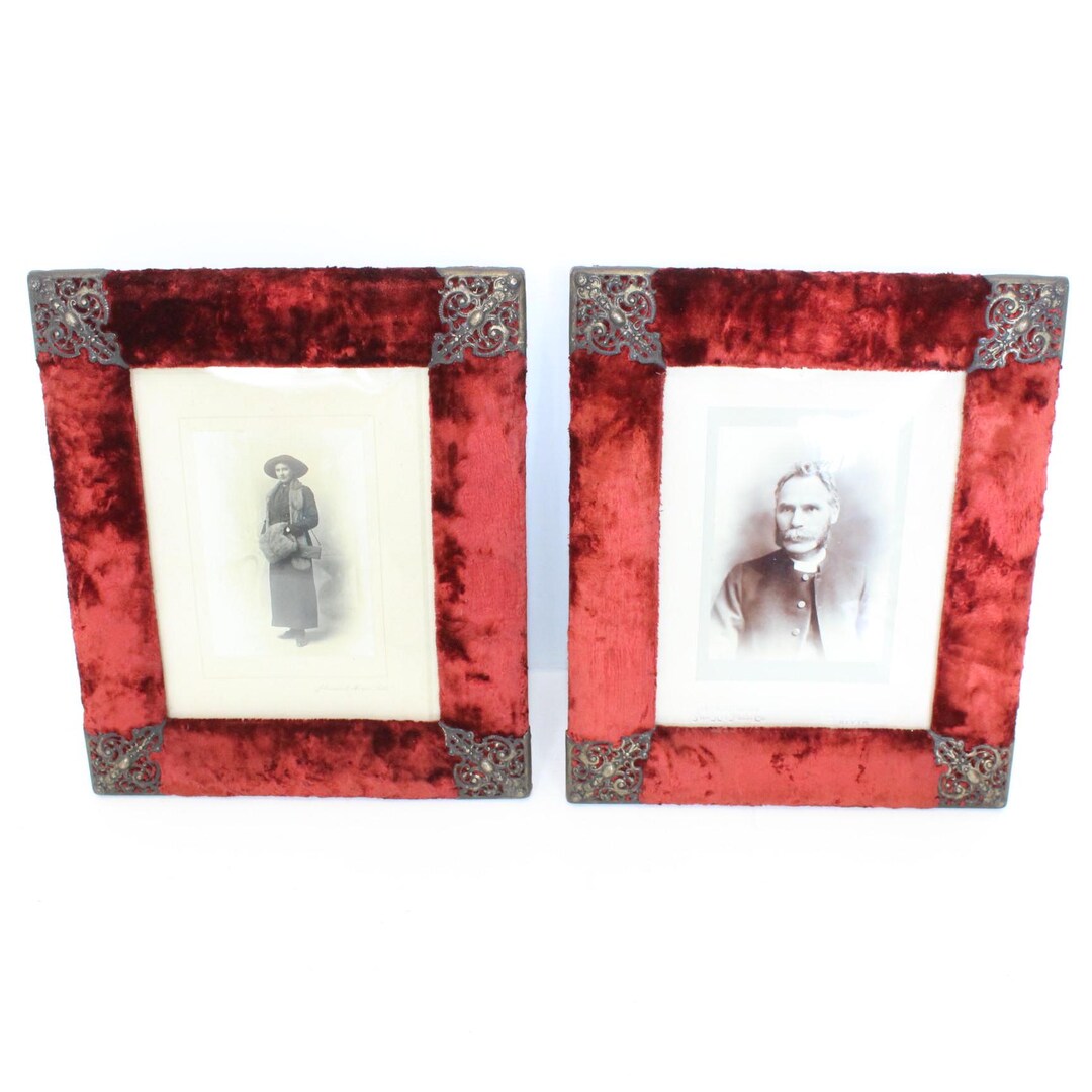 Antique PAIR French Red Velvet Photo Frames Picture Frame Convex Glass ...