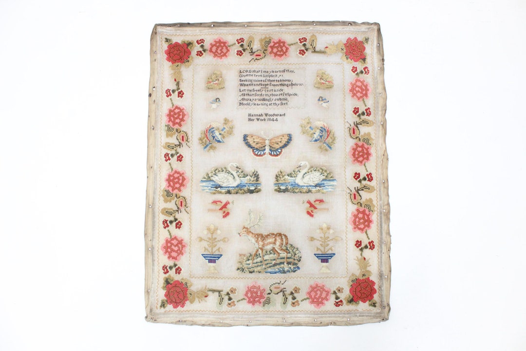 Antique Large Victorian Sampler Needlepoint Wool Cross Stitch Swan Stag ...