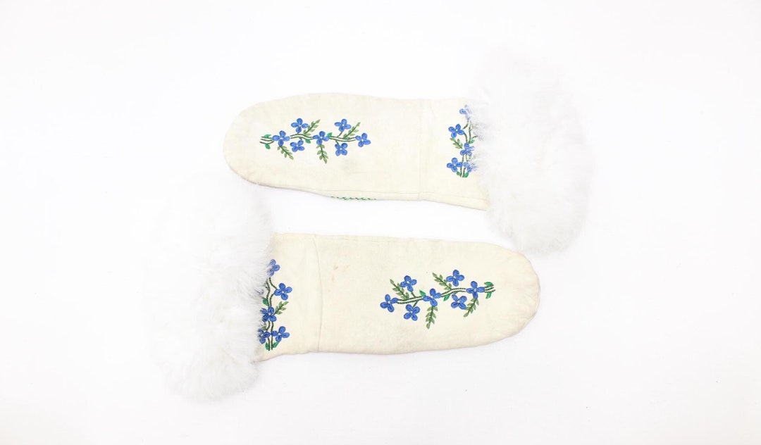 Vintage Native American Mittens Embroidered Cream Leather Ladies Gloves ...