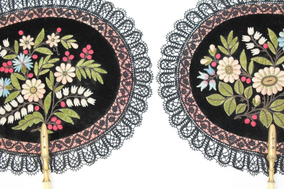 Antique Victorian pair face screen hand fan embroider… - Gem
