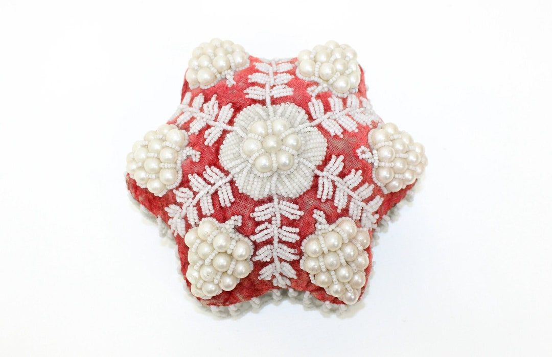 Antique Victorian Beadwork Large Pin Cushion Red Velvet Glass Beaded ...