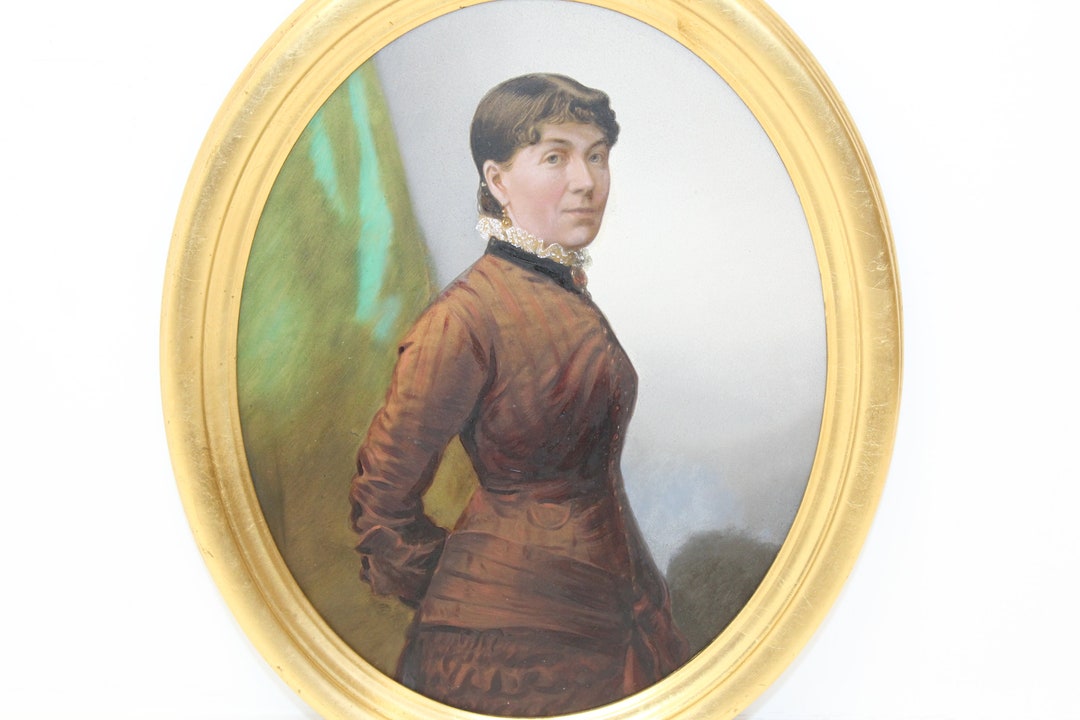 Antique Victorian Oil Painting Over Photo Portrait of a Lady in Oval ...
