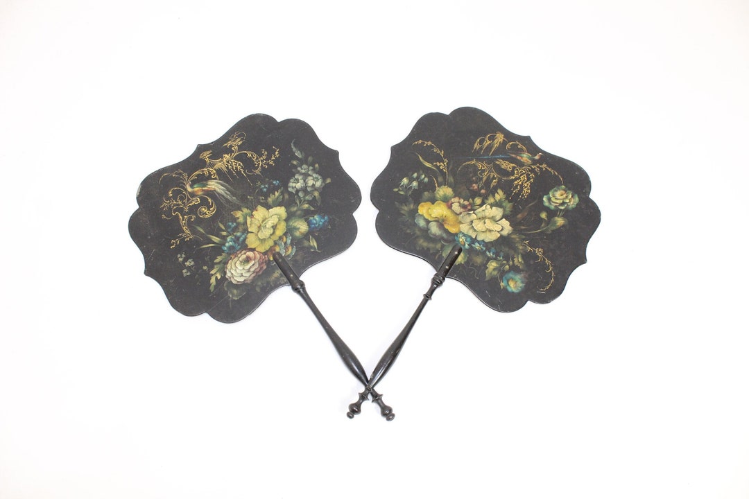 Antique Victorian Pair Face Screens Fan Lacquered Hand Painted Papier ...