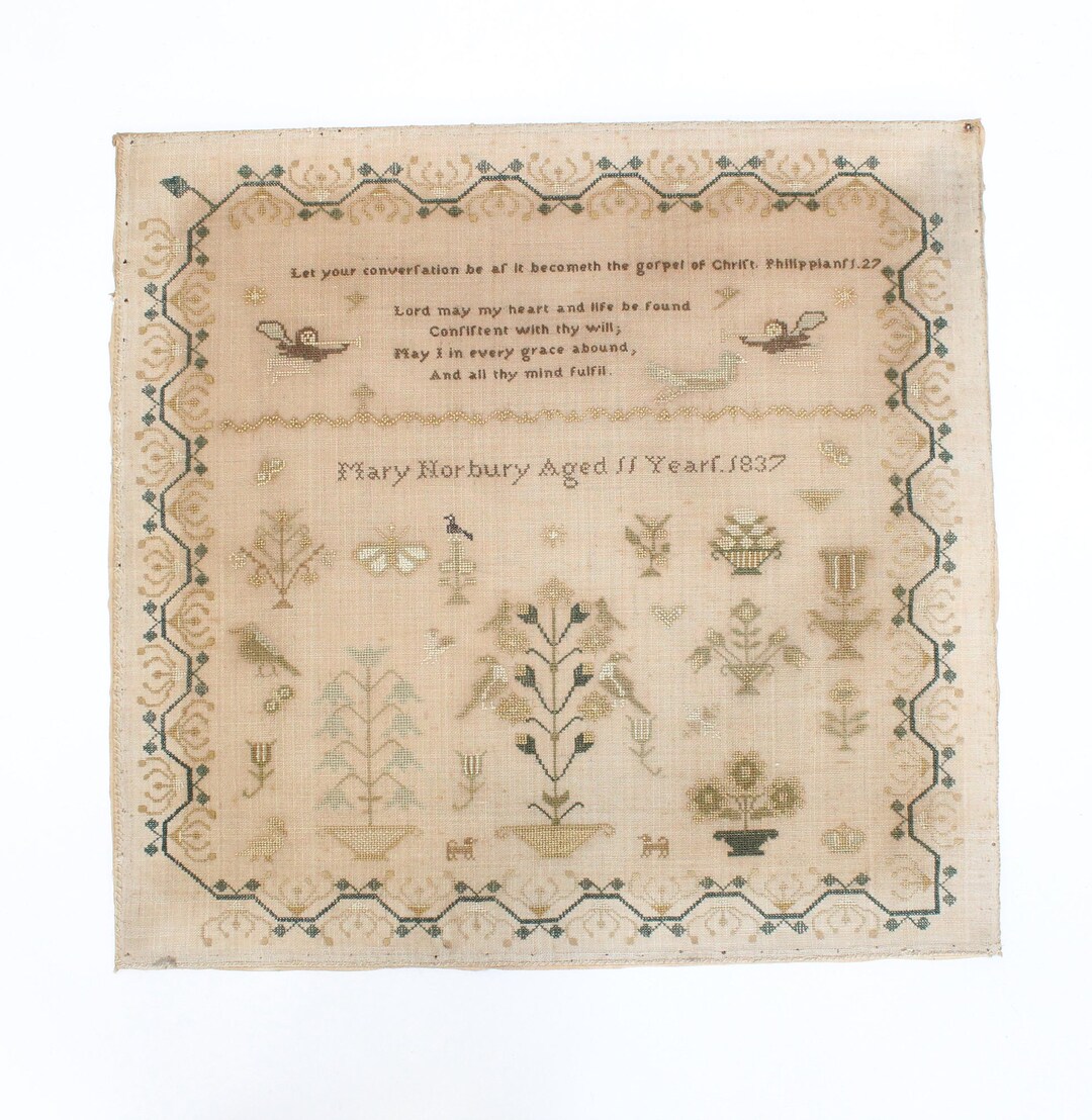 Antique Large Sampler Silk Cross Stitch Religious Needlework Birds Dogs ...