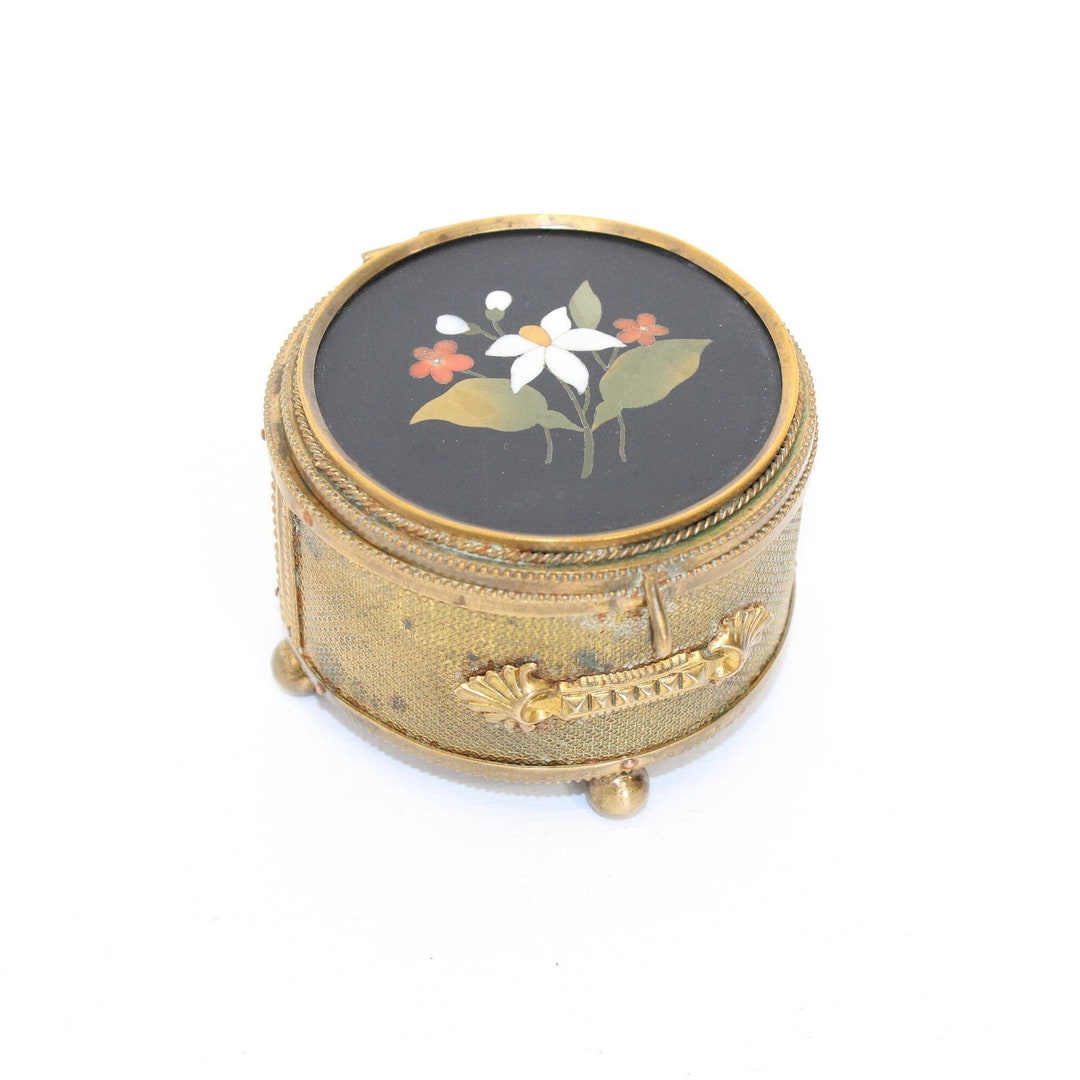 Antique Pietra Dura Topped Casket Italian Jewellery Trinket Box Gilded ...