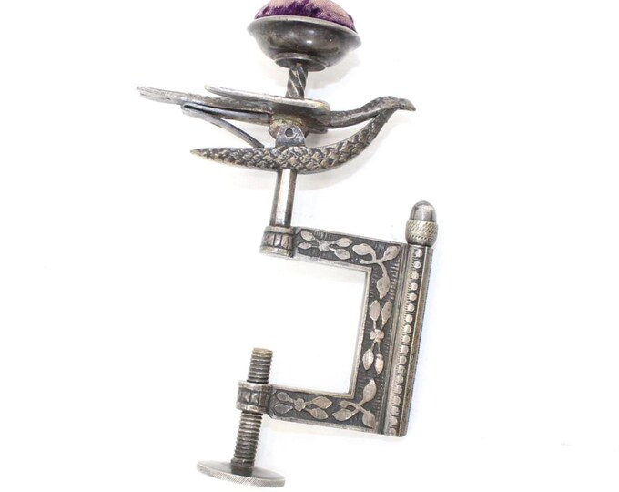 Antique Victorian Sewing Bird Table Clamp Pin Cushion & Needle Case ...