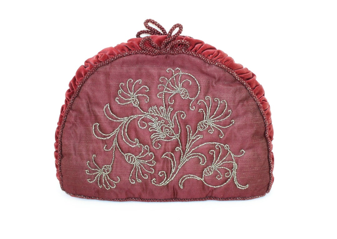Antique Victorian Beadwork Tea Cosy Cozy Red Velvet Satin Floral Teapot ...