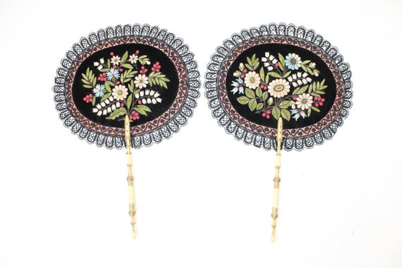 Antique Victorian pair face screen hand fan embroider… - Gem