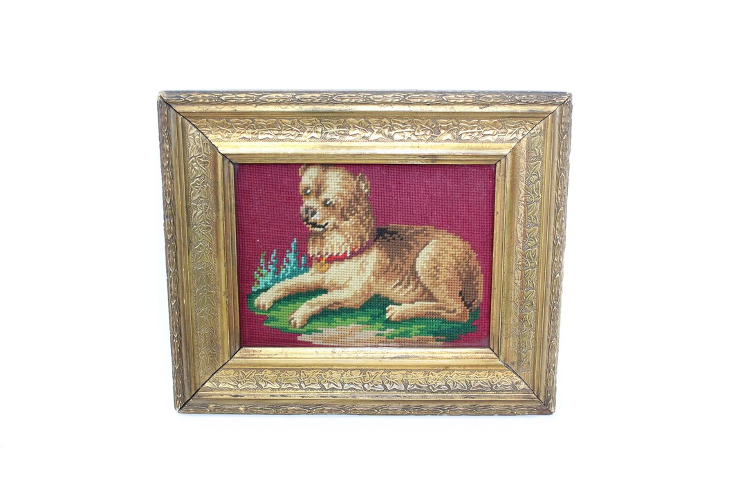 Antique Victorian Dog Needlework Bull Mastiff Wool Needlepoint Tapestry ...
