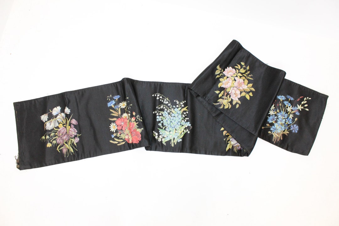 Antique Victorian Hand Painted Black Satin Long Pelmet Panel Floral ...