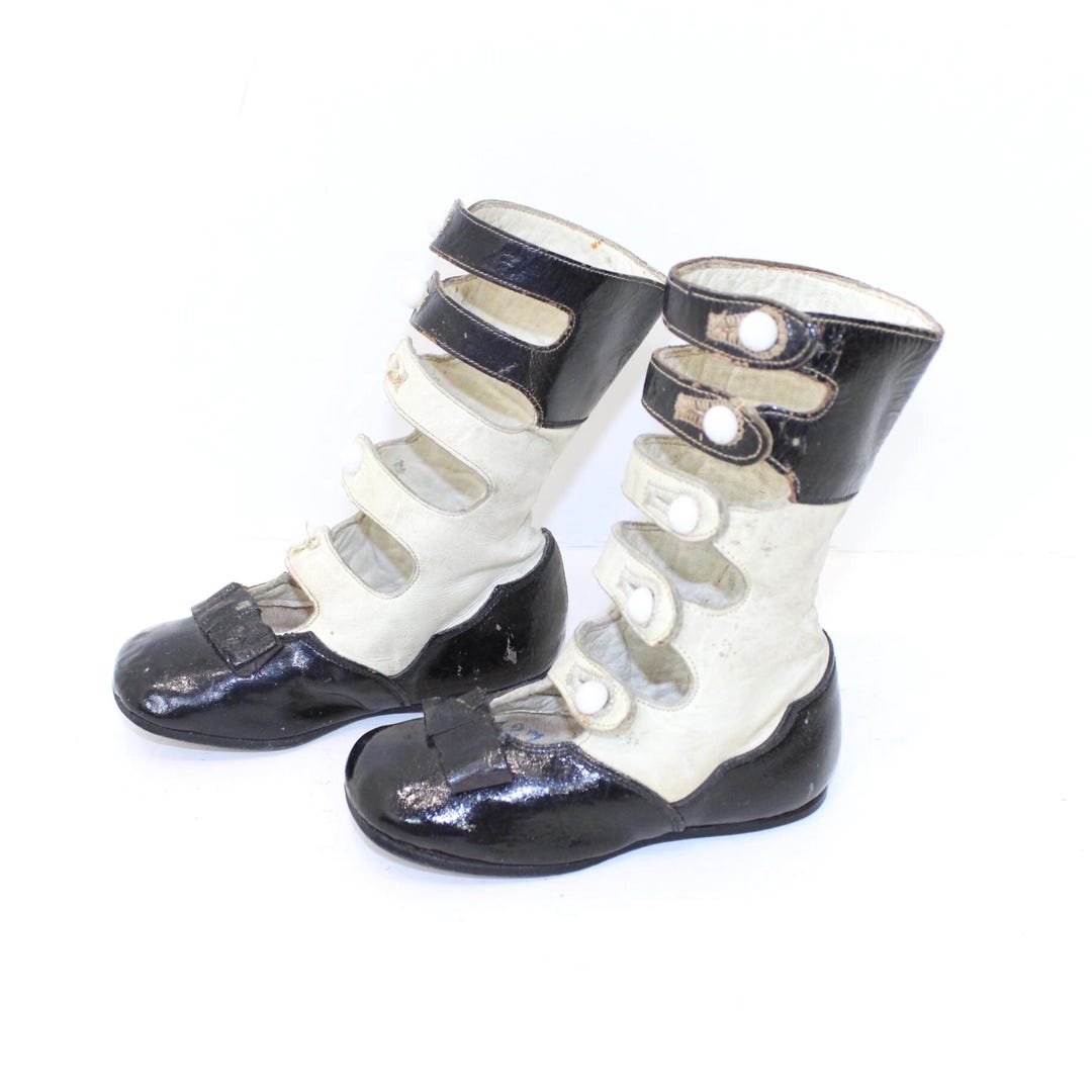 Antique Victorian Child's Button Strap Boots Black Cream Leather High ...