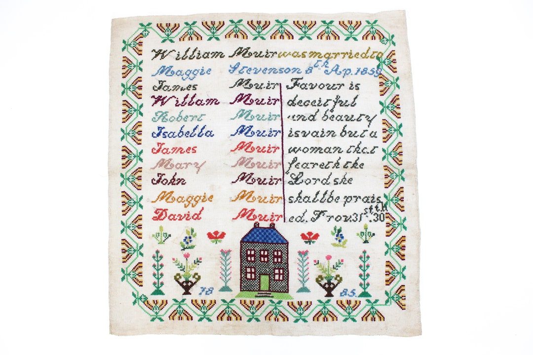 Antique Victorian Large Cross Stitch Sampler Religious House Children's ...