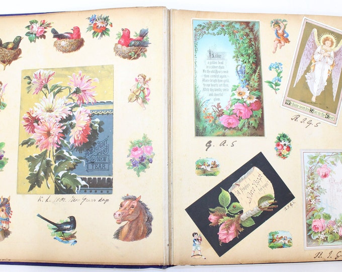 Antique Victorian Scrapbook 16 Double Pages of Scraps Birds Animal ...