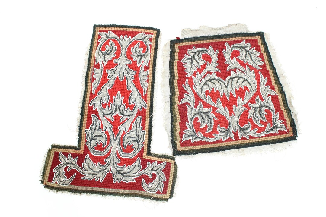 Antique X2 Victorian Beadwork Woolwork Tapestry Wool Leaf Pattern ...