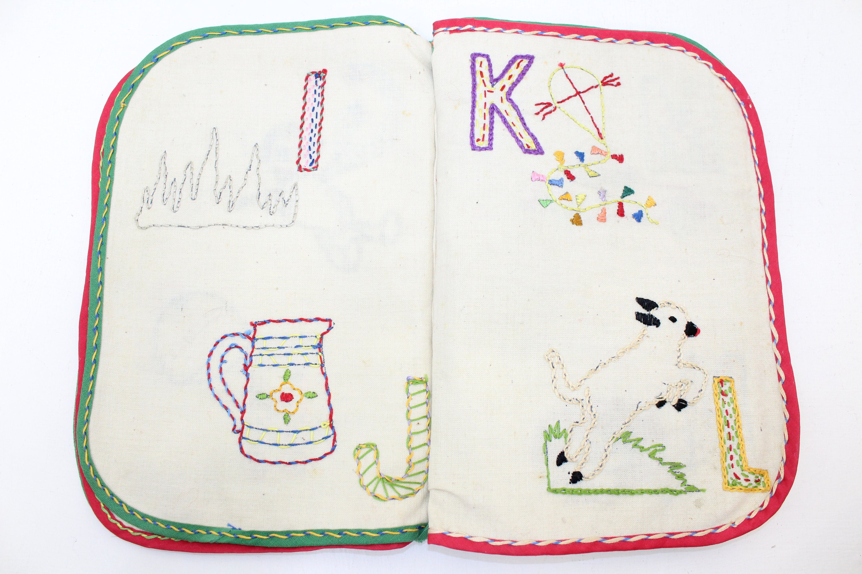 Antique hand embroidered cloth baby alphabet ABC book numbers animals ...