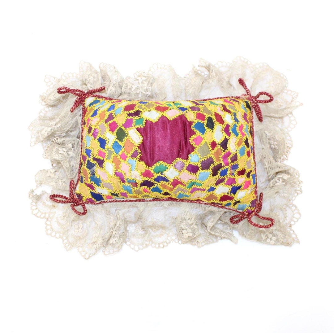 Antique Victorian Crazy Patchwork Pin Cushion Silk Embroidery With Lace ...