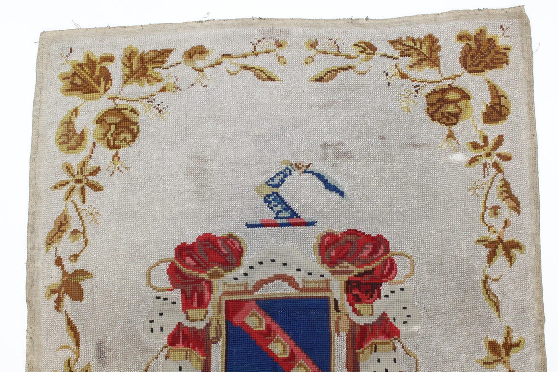 Antique Victorian Beadwork Large Panel Wool Embroidered Coat of Arms - Etsy