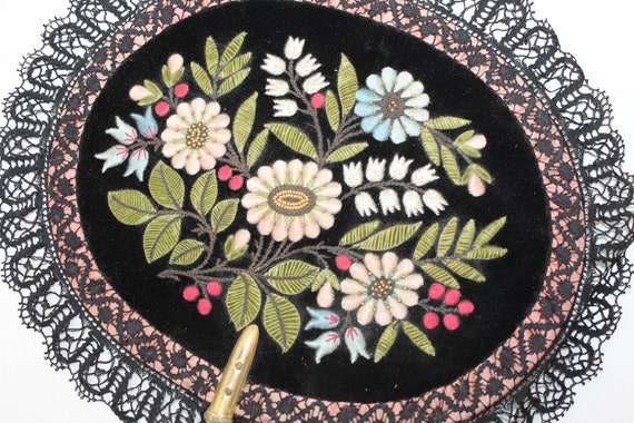 Antique Victorian pair face screen hand fan embroider… - Gem