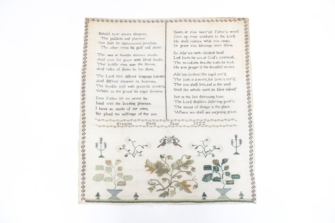 Antique Georgian Religious Sampler Cross Stitch Needlework Oak Leaves ...