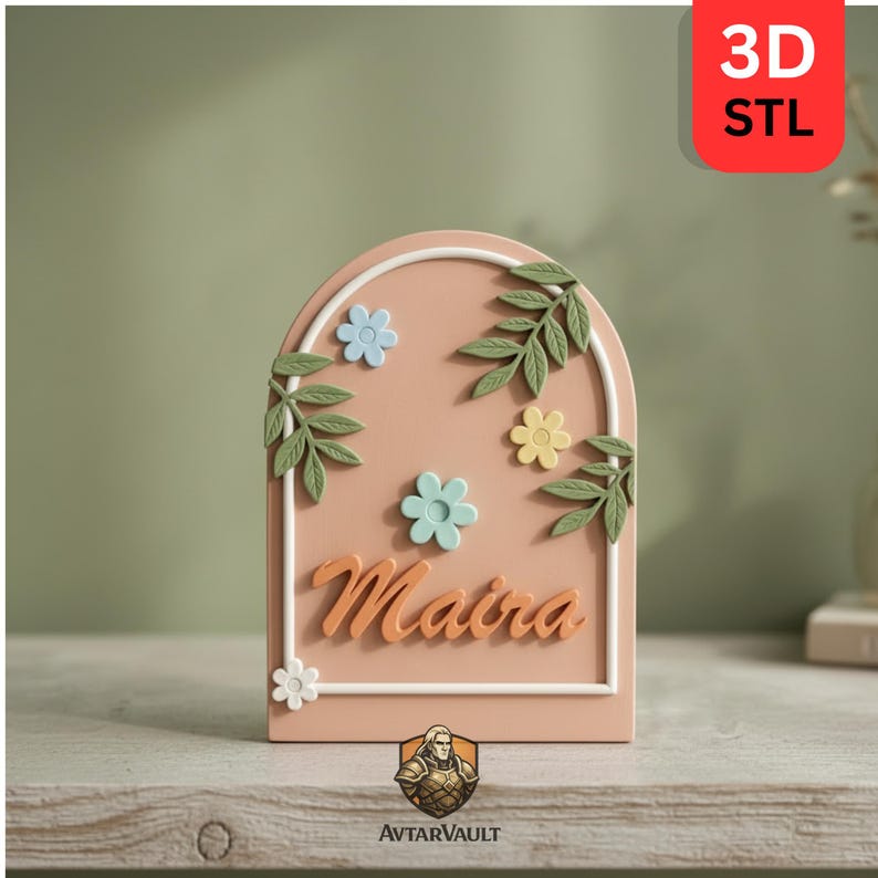 Custom Arch Name Sign | Floral Name Plaque, Kids Room Decor (STL 3MF ...