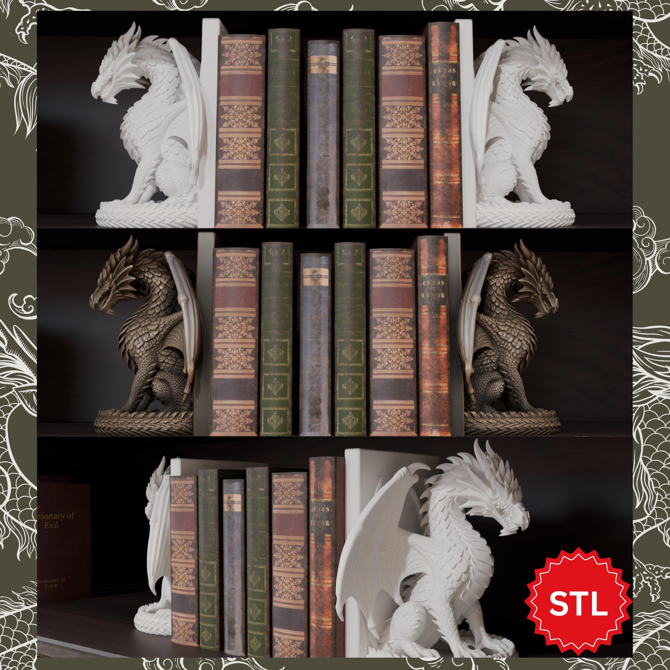 Dragon Bookend STL File | Fantasy Dragon Bookends 3D Print | Decorative ...