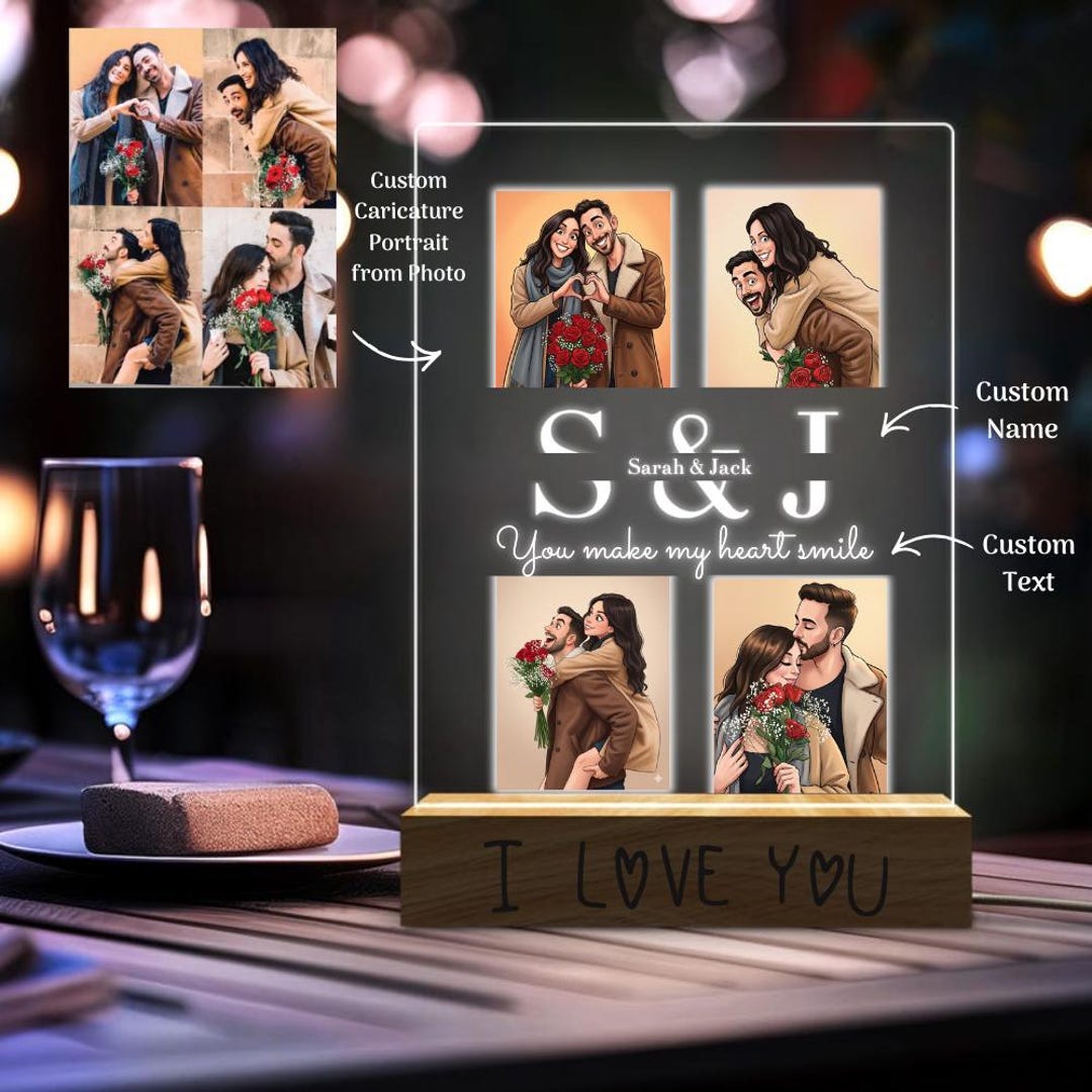 Caricature Portrait Photo LED Light Frame, Personalized Lamp, Valentine ...