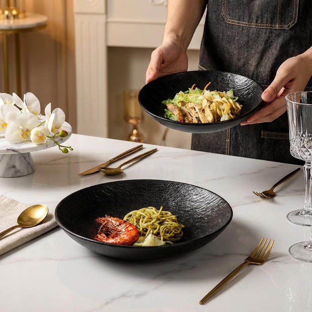 Japanese Black Ceramic Deep Plate | Frosted Soup Salad Dish - Etsy