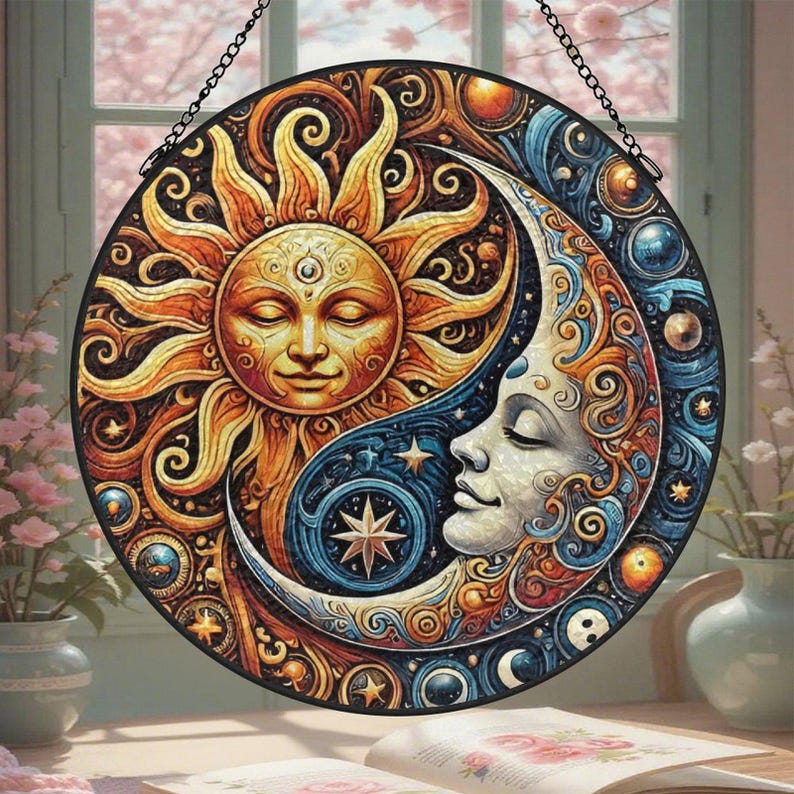 Sun & Moon Suncatcher – Stained Glass Style Celestial Window Hanging - Etsy