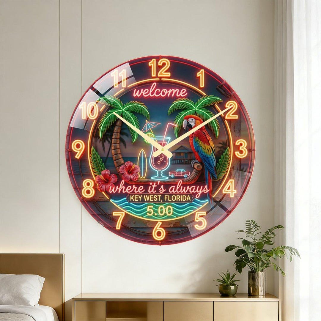 Tropical Neon Wall Clock, Key West Parrot Bar Decor, Tempered Glass ...