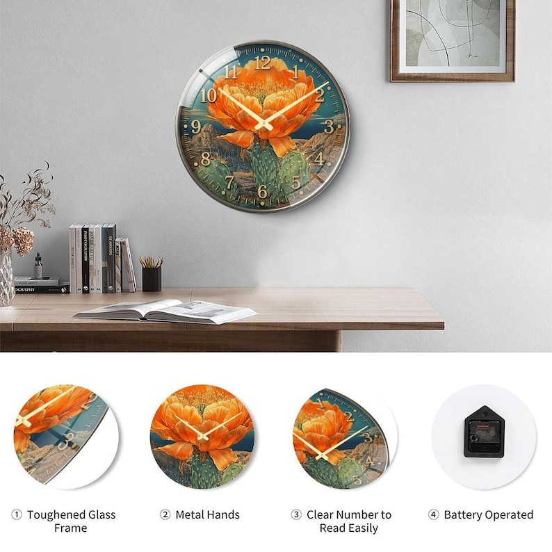Orange Cactus Flower Glass Wall Clock, a Country-style Western ...