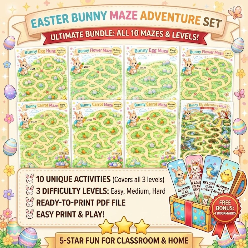 Easter Maze Printable for Kids, Bunny Maze Worksheets, Preschool Easter ...