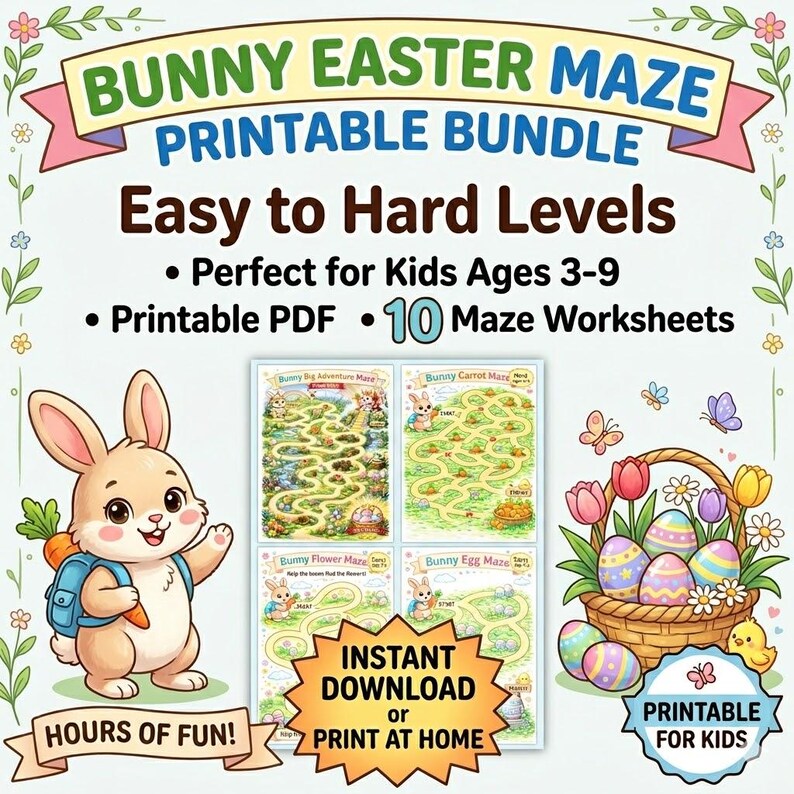 Easter Maze Printable for Kids, Bunny Maze Worksheets, Preschool Easter ...