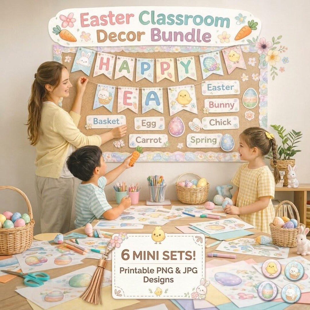 Easter Classroom Decor Bundle, Easter Printable PNG JPG, Bunny Sticker ...