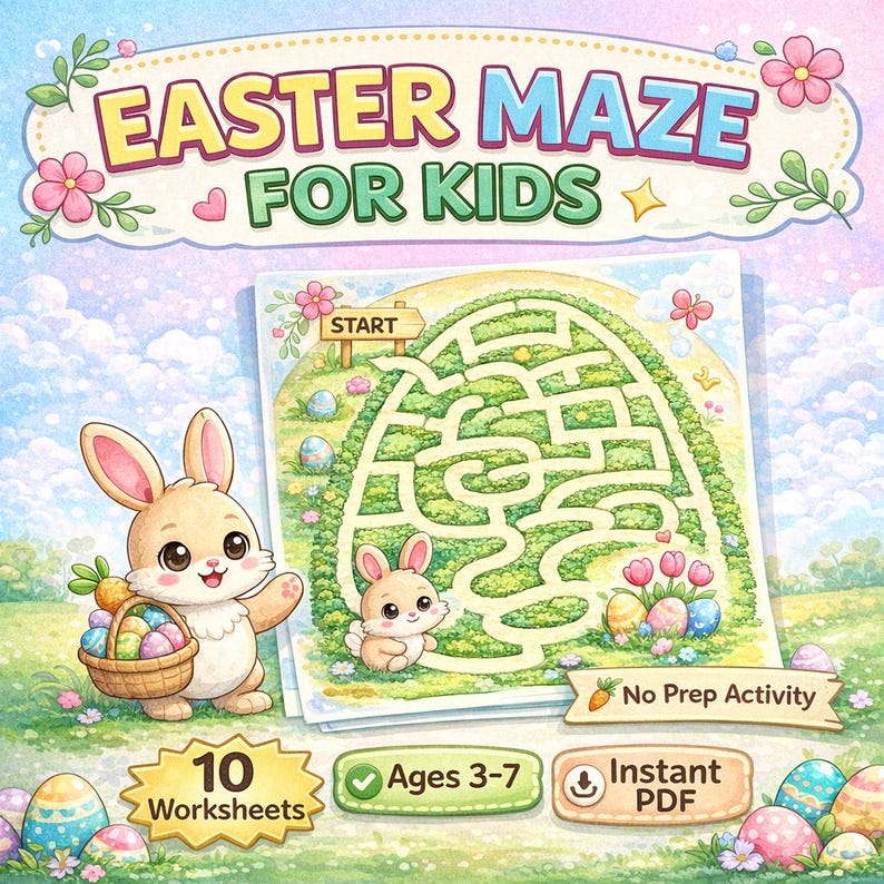 Easter Maze Printable for Kids, Bunny Maze Worksheets, Preschool Easter ...