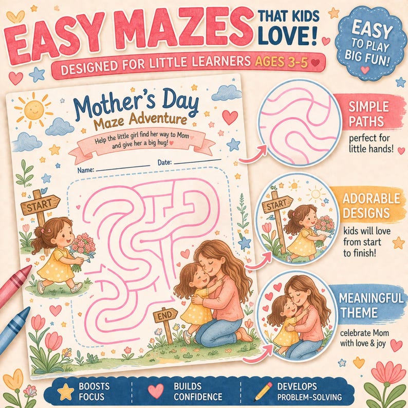 Mother’s Day Maze Printable for Kids, Preschool Activity PDF, Easy ...