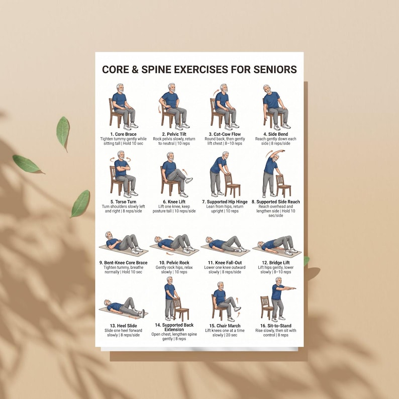 Core & Spine Exercises for Seniors Printable PDF — 16 Gentle Core ...