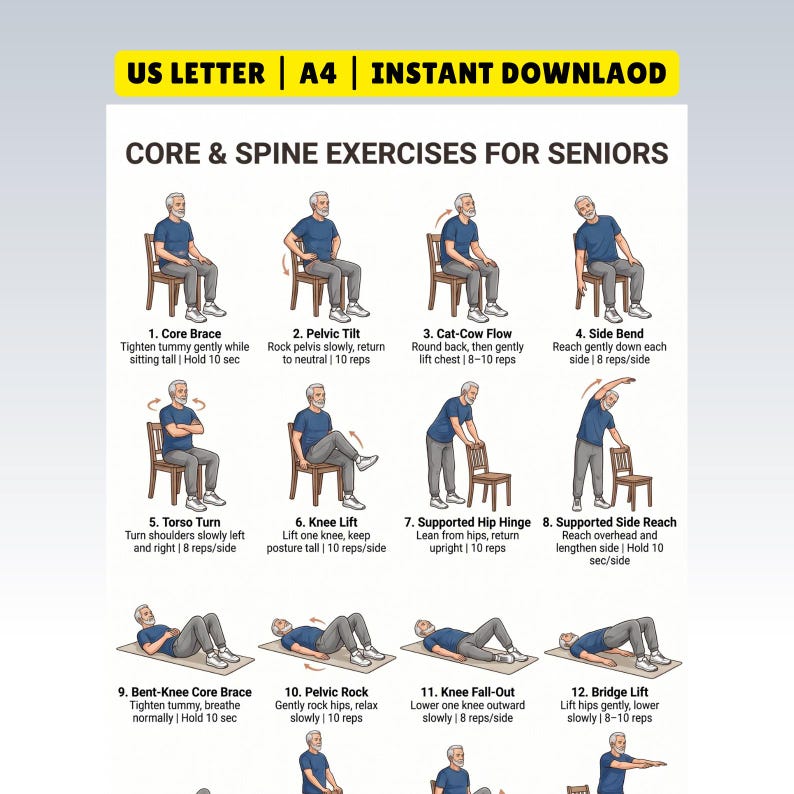 Core & Spine Exercises for Seniors Printable PDF — 16 Gentle Core ...