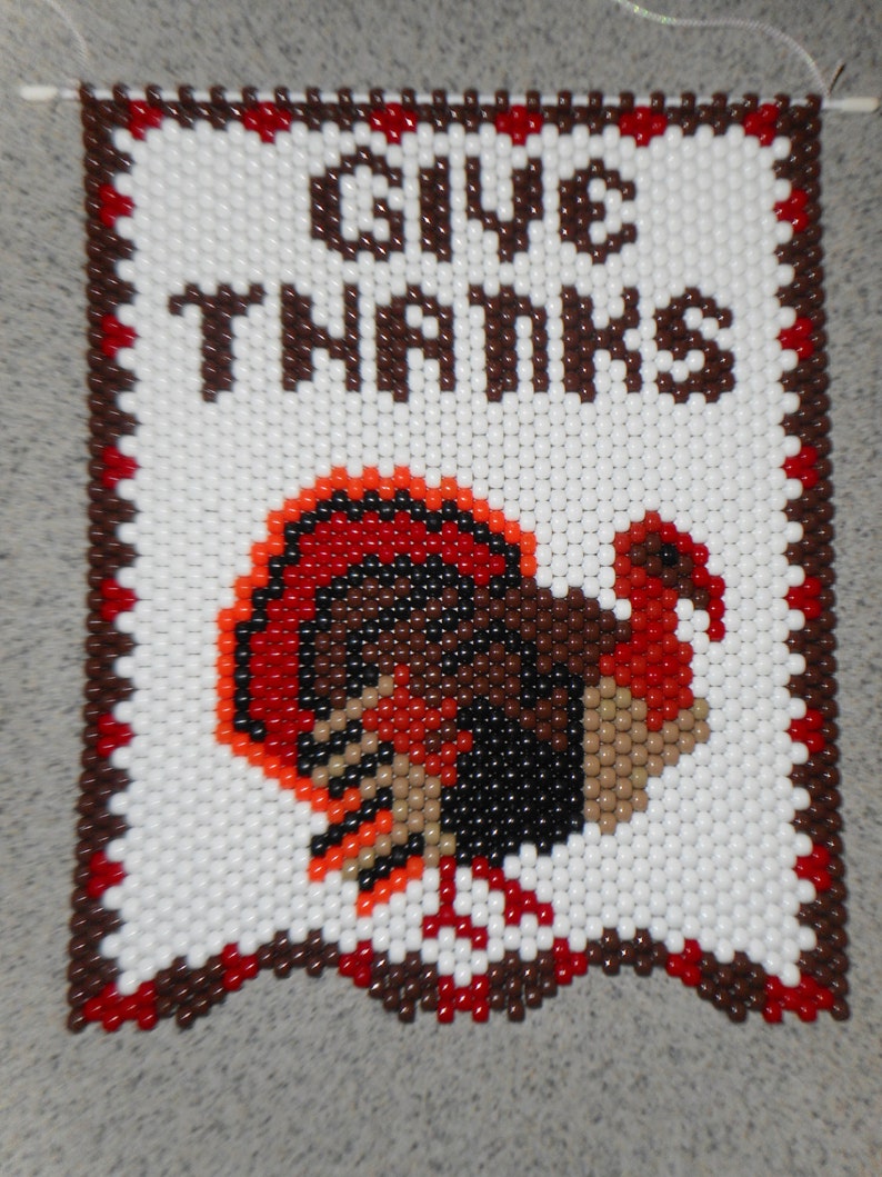 Hand Beaded Thanksgiving Give Thanks Turkey Beaded Banner With Nylon ...
