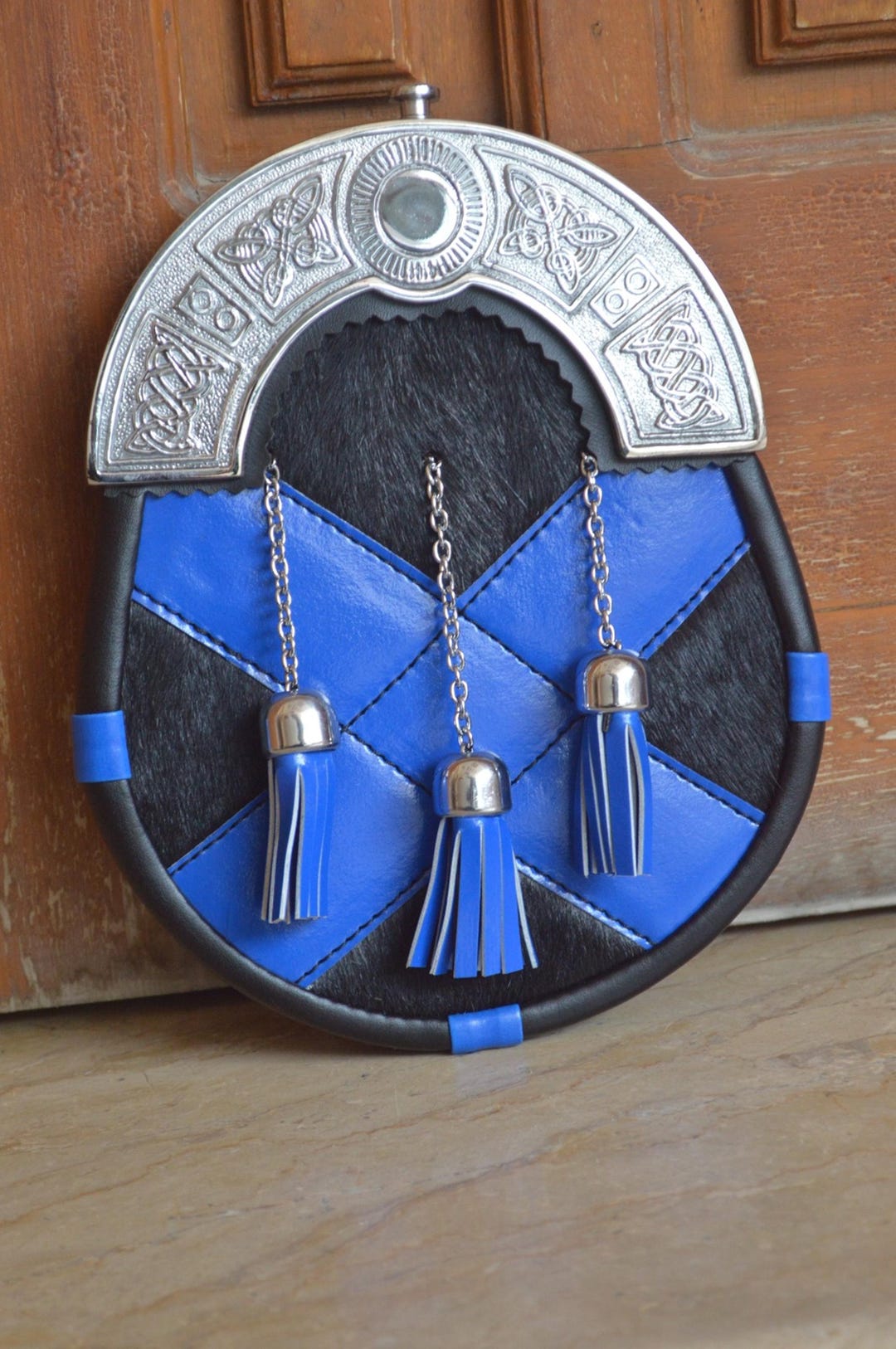 Men's Black & Blue Leather Scottish Sporran | Highland Kilt Accessory ...