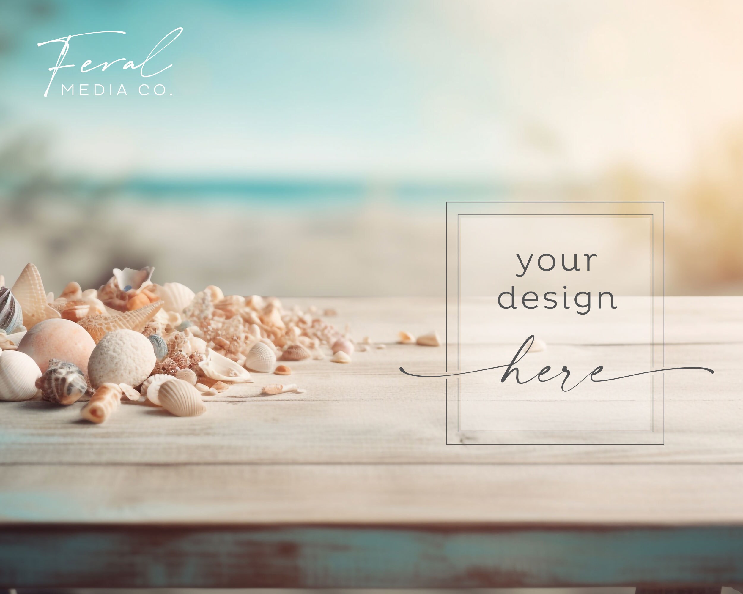 4 Beach Background Product Mockup Bundle, Wood Table Ocean Seashells ...
