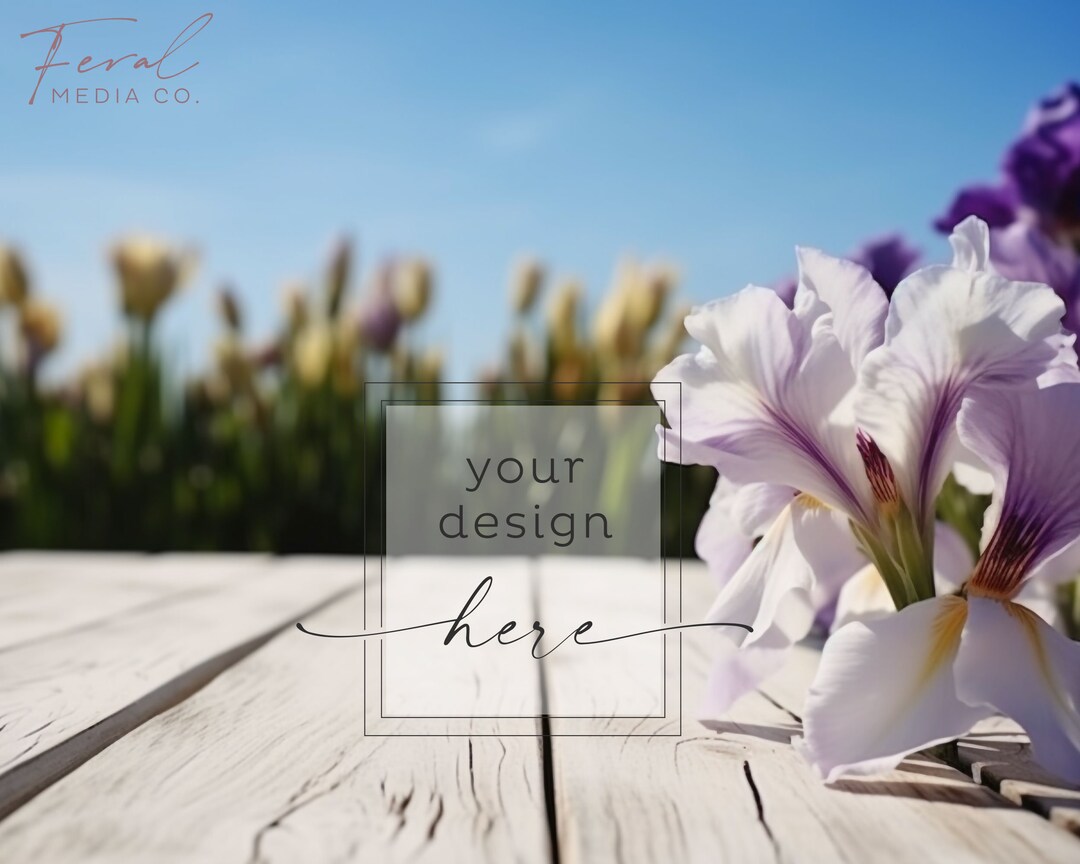 Spring Iris Background Product Mockup, Wood Table Flowers Mockup Styled ...