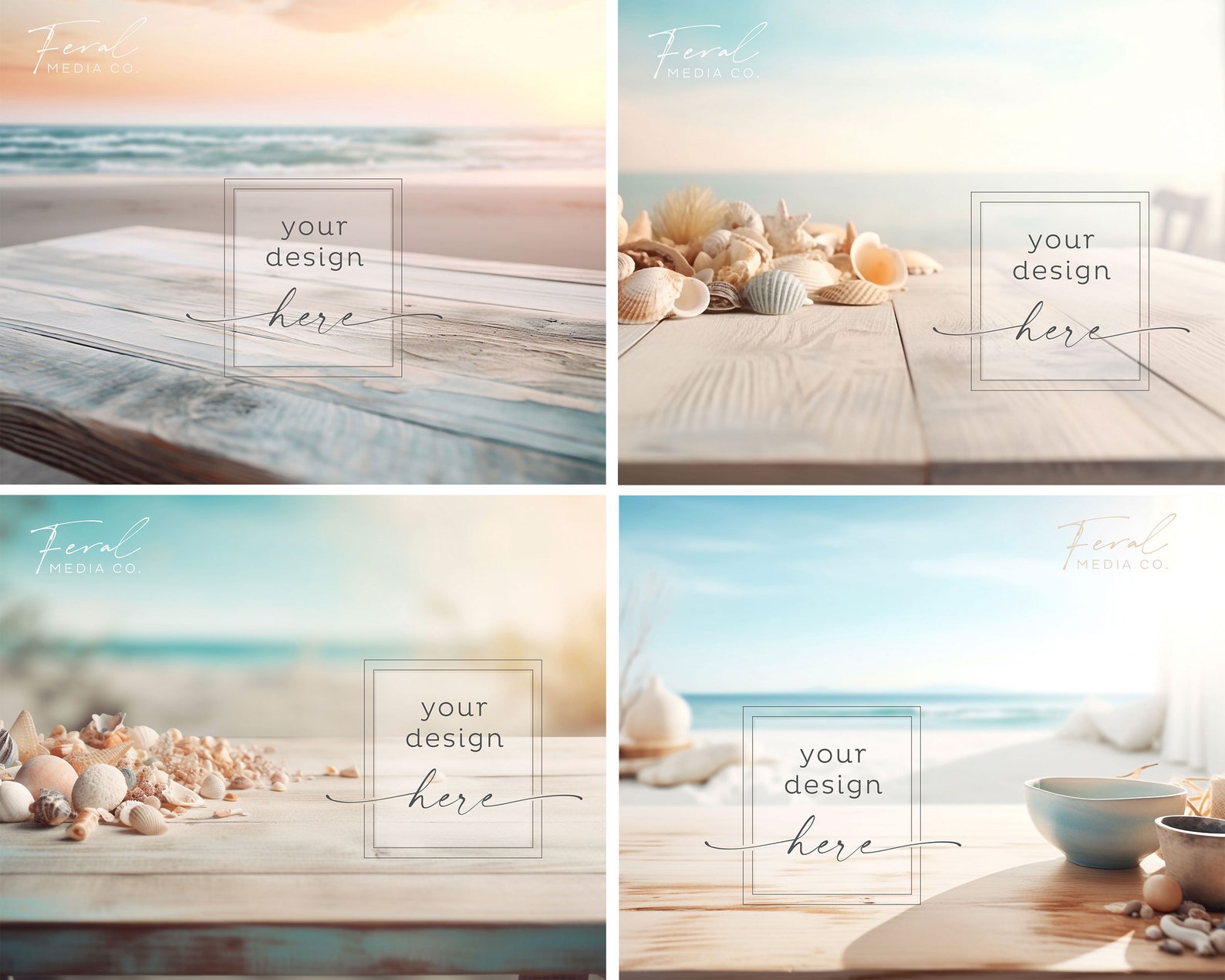 4 Beach Background Product Mockup Bundle, Wood Table Ocean Seashells ...