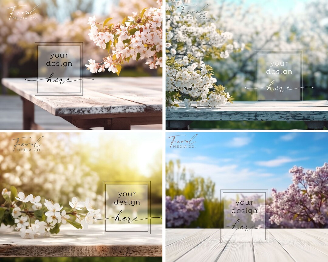 4 Spring Flower Background Product Mockup Bundle, Wood Table Floral ...